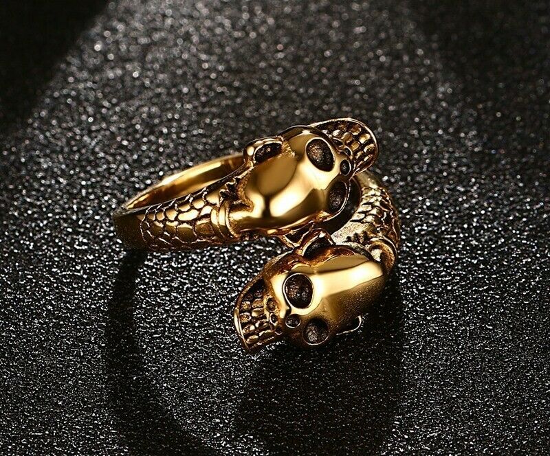 Skull Heads Rings Men Women Gothic Punk Snake Ring Open Adjustable ...