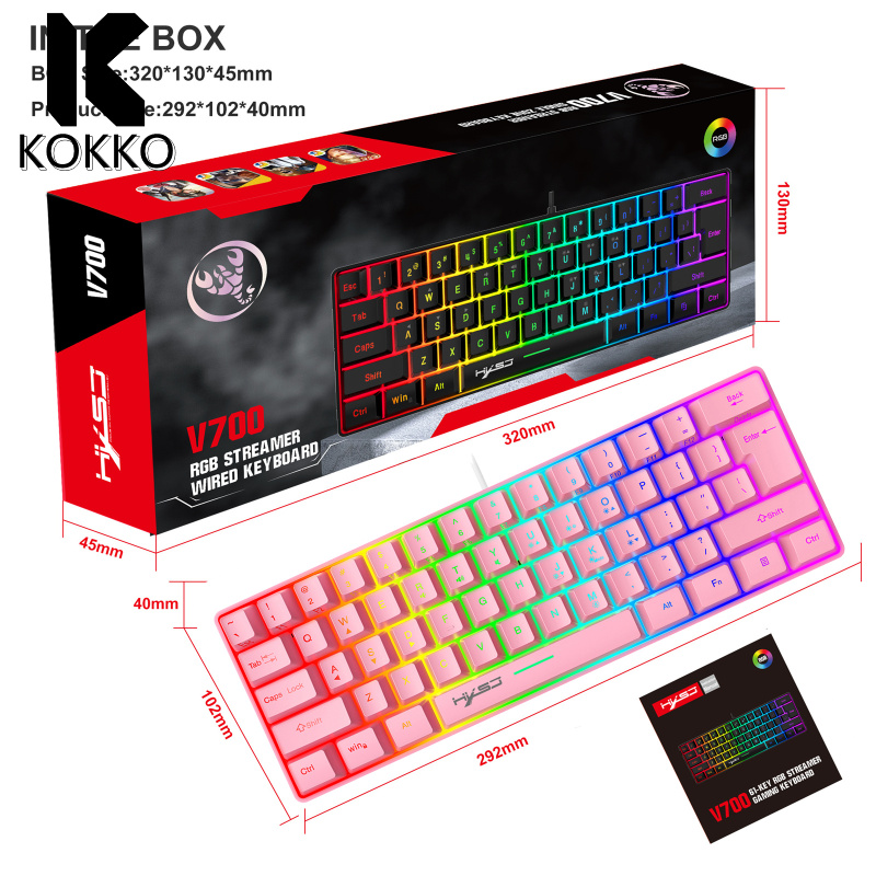 KOKKO V700 Gaming Keyboard Colorful Backlight Mechanical 61 Keys Portable Wired Office Keyboard ...