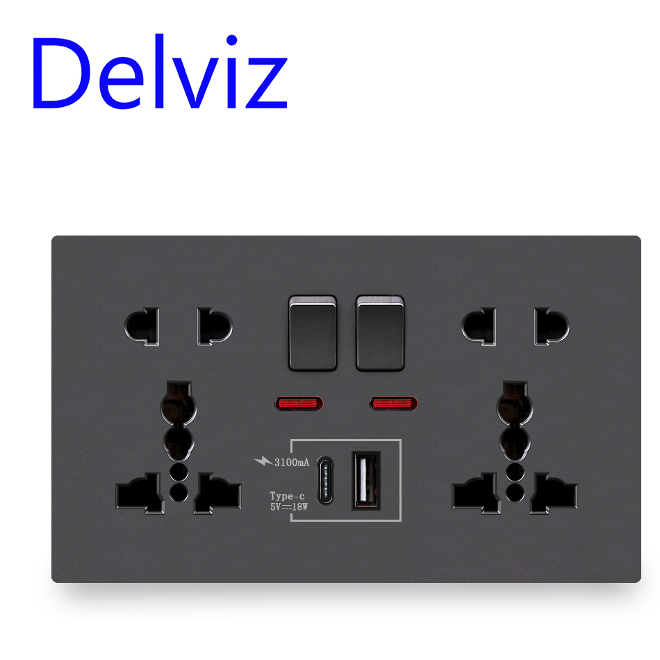 Delviz Wall Quick charge Socket, 18W Type-C Ports, Dual Switch control ...