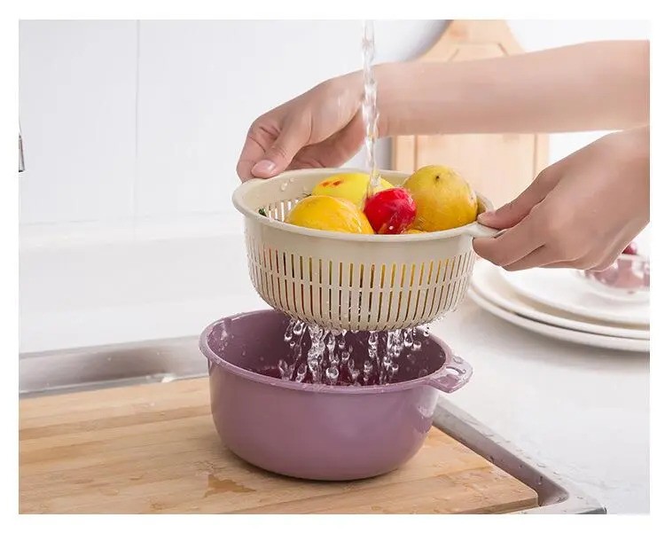 Kitchen Plastic Double Drain Basket Bowl Washing Basket Strainer Bowls ...