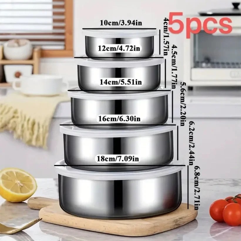 Stainless Steel Round Food Preservation Boxes – Set of 5 with Lids ...