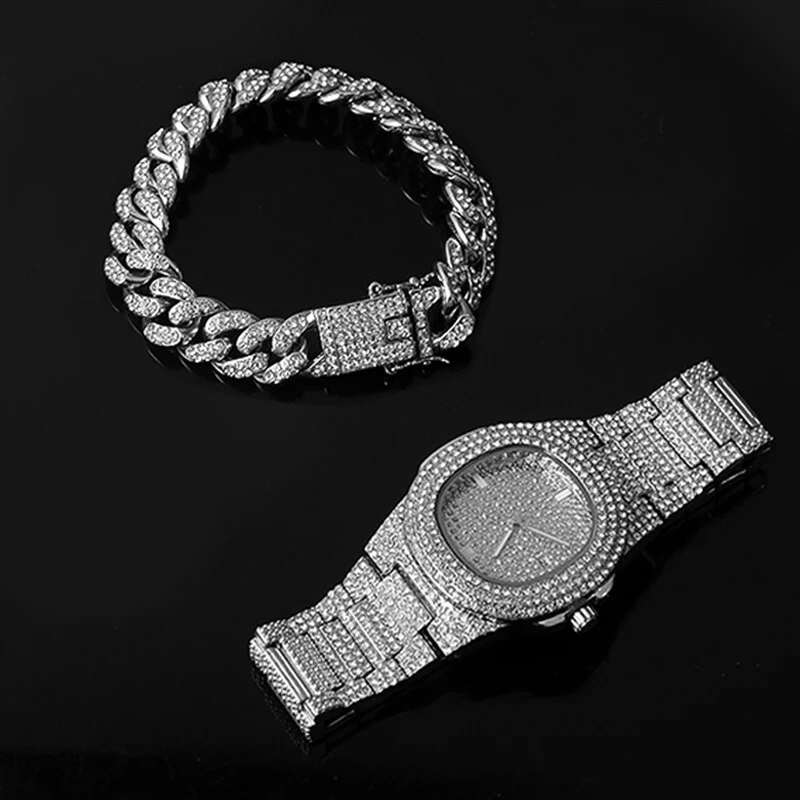 Necklace +Watch+Bracelet Hip Hop Miami Curb Cuban Chain Silver Color ...
