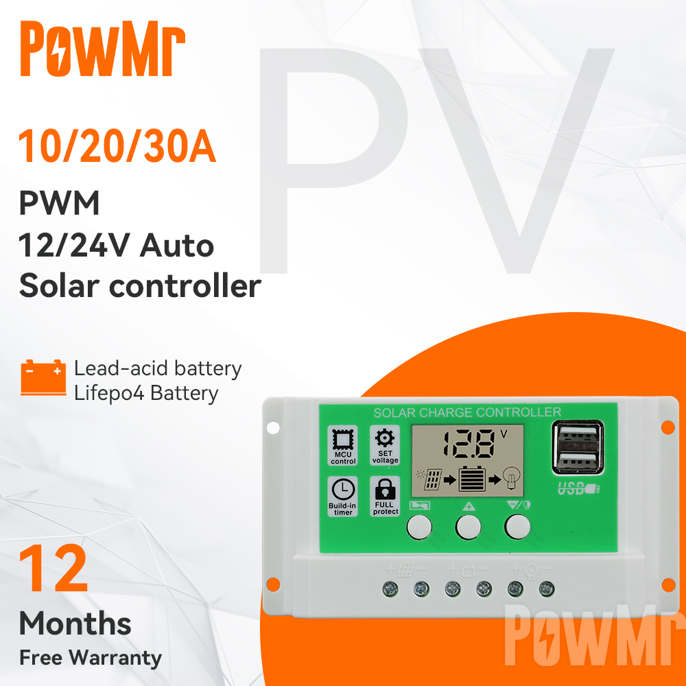 PowMr 10A 20A 30A PWM Solar Controller 12V 24V Auto LCD Display Work For Lead Acid And Lithium ...