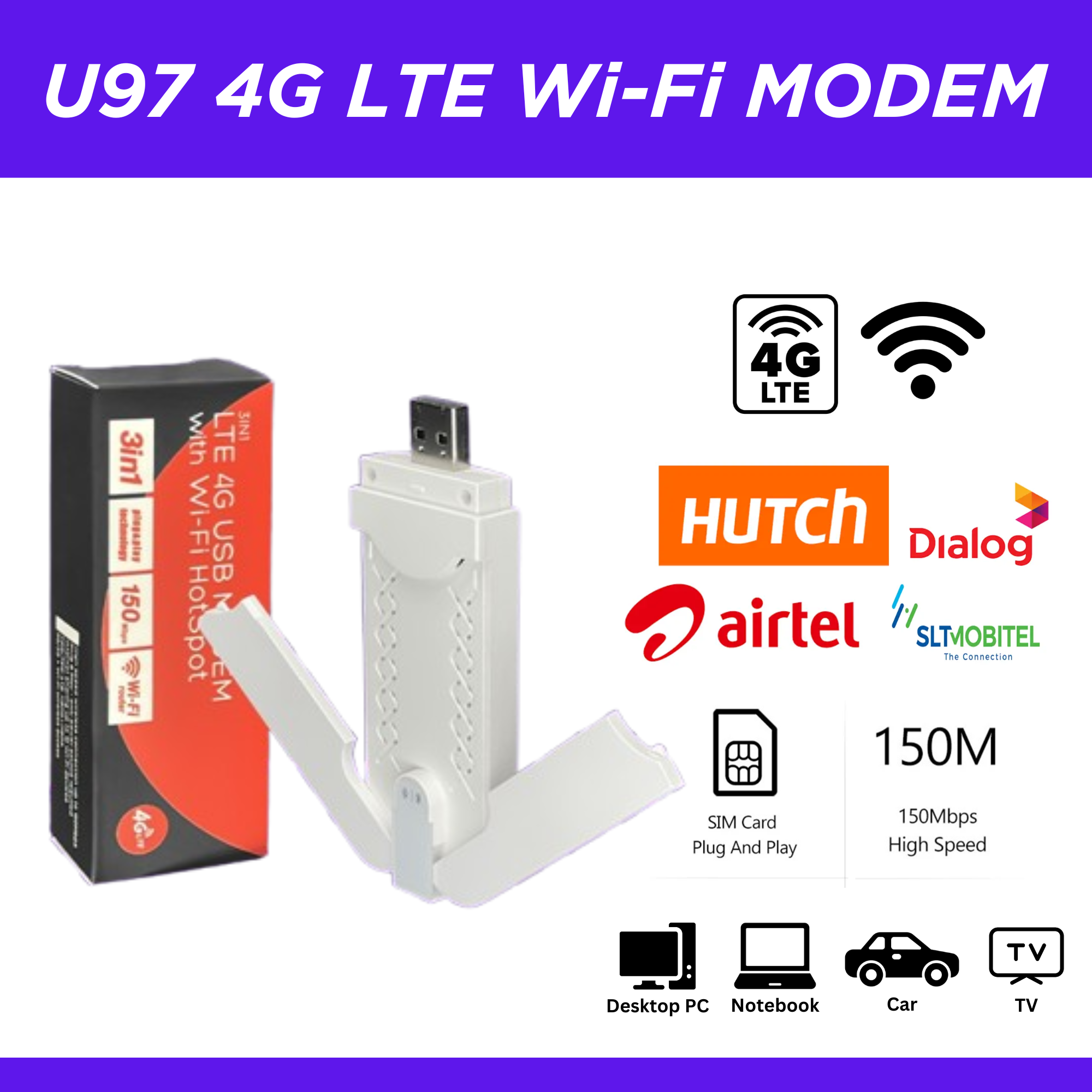4G LTE USB WiFi Dongle – 150Mbps Mobile Broadband Modem & SIM Card Router for Home & Office ...
