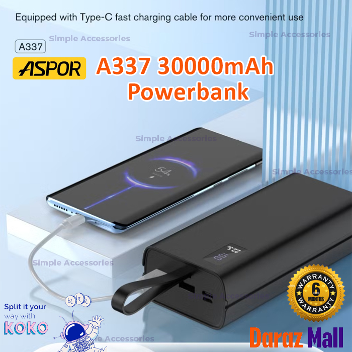 Aspor A337 22.5w Pd 30000 mah Fast Charge Power Bank LCD Display Black ...