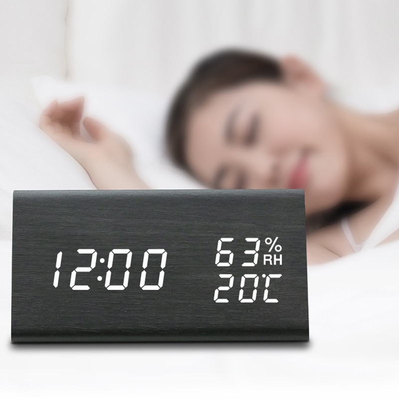 LED Wooden Alarm Clock Table Voice Control Digital Clock Temperature ...
