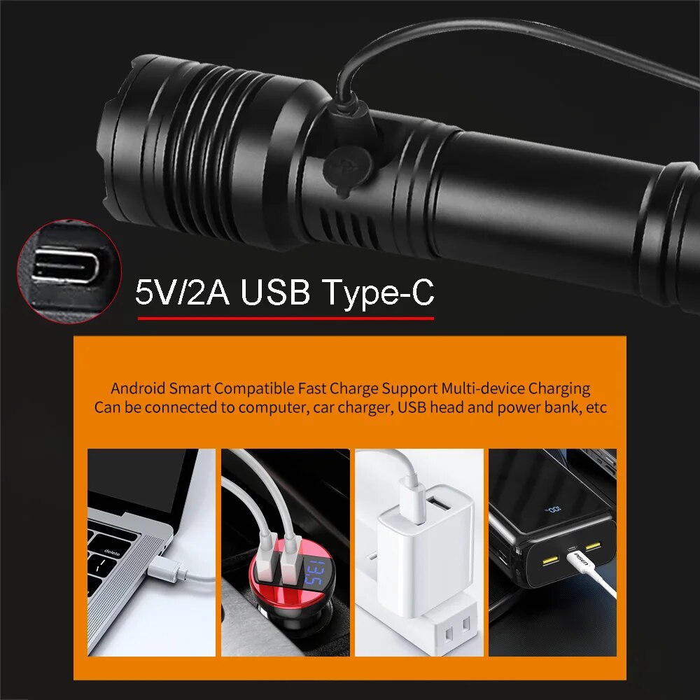 99000000LM XHP200 High Power LED Flashlight Type-C USB Rechargeable ...