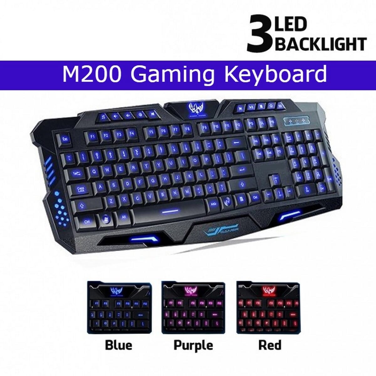 Gaming Keyboard M200 backlit LED 3 colour Illumination Red Blue Purple ...