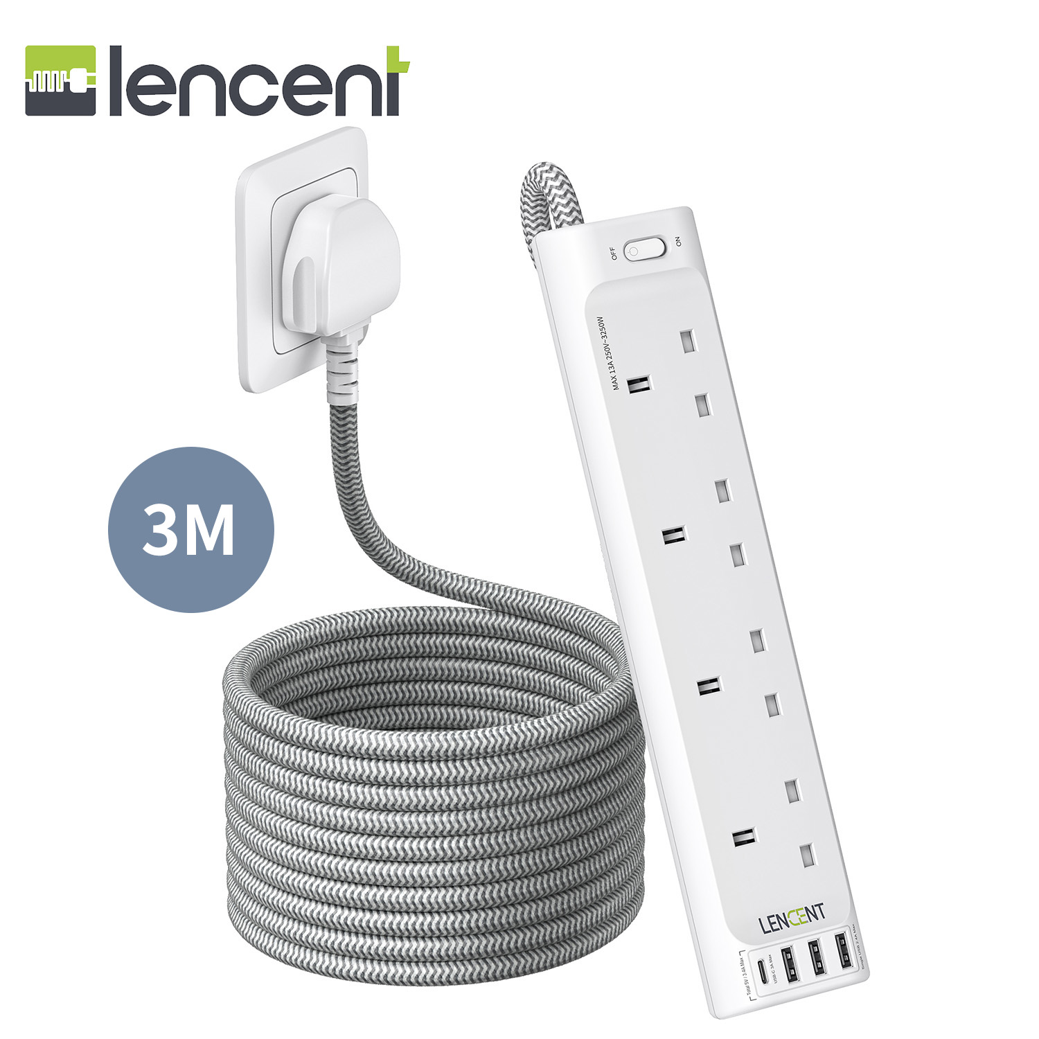 LENCENT 3-meter 8 in 1 Power Strip 4 Way Outlets with 3 USB Ports 1 USB ...