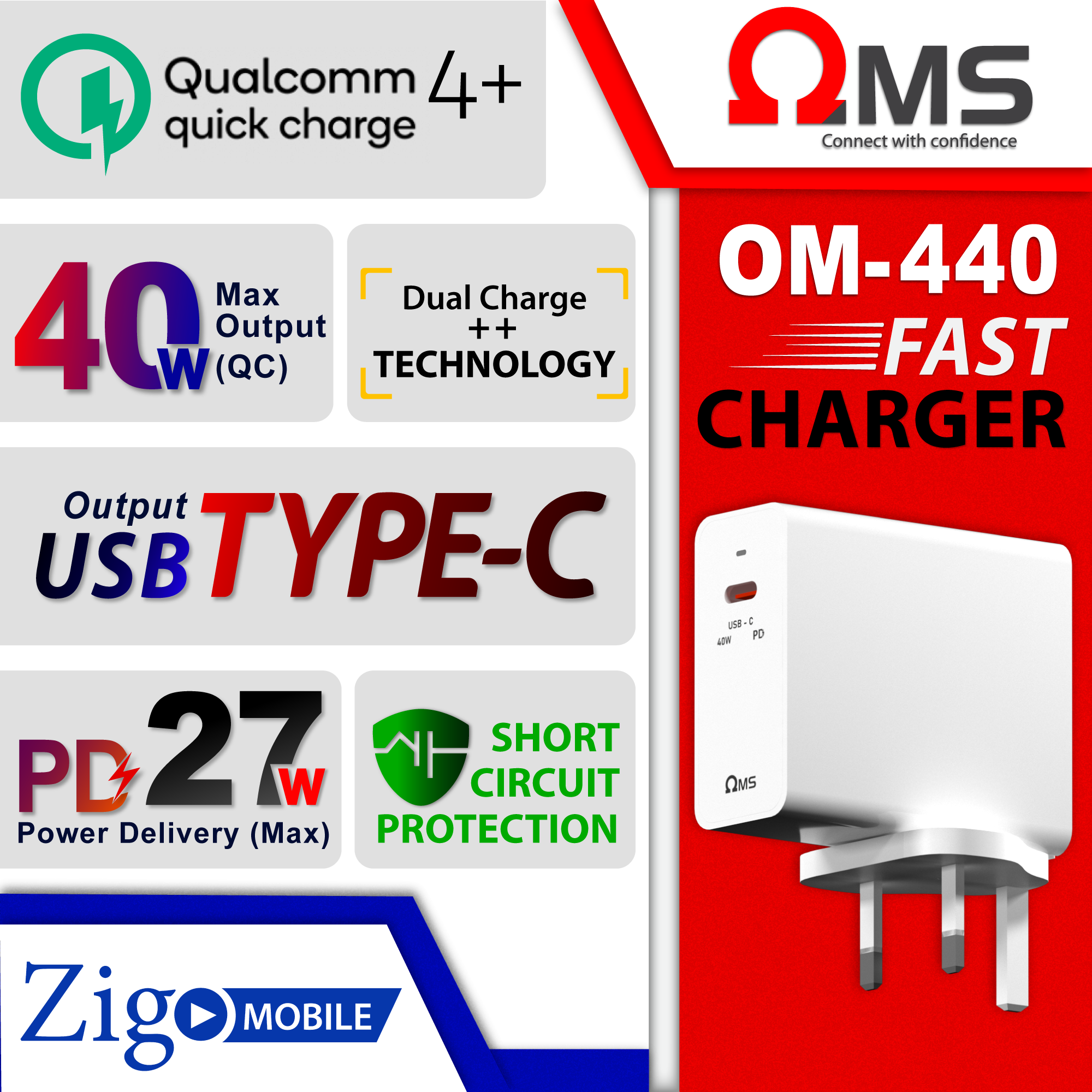OMS OM 440 Fast Charger-QC 4+(40W)-PD 3.0 USB Type C(27W)-Suitable For ...