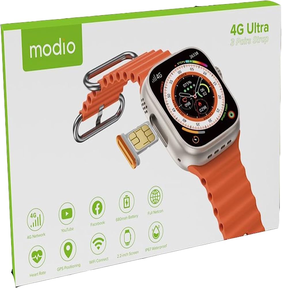 Modio 4G Ultra Smart Watch 2.2 inch Display 3 Pairs strap 4G Call Compass Wifi GPS Series 8 ...