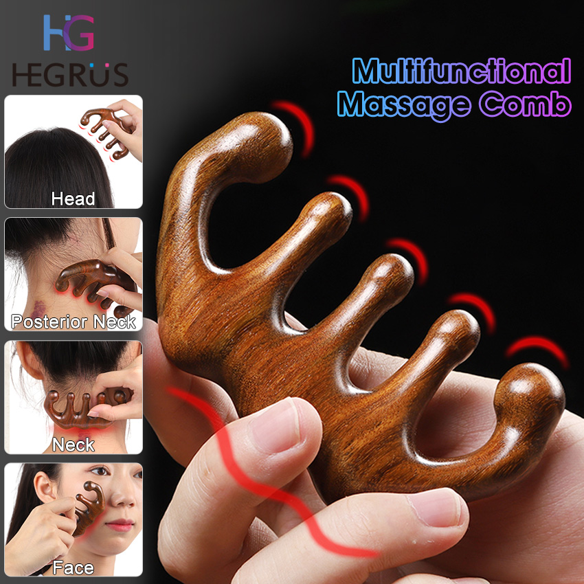 HEGRUS Sandalwood Wooden Comb Five Scalp Relaxation Scraping Meridian ...