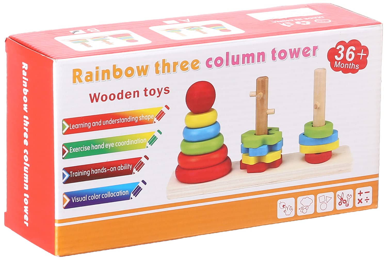 Wooden Rainbow Column Tower Stacking Rings Toy Classic Stacker Wooden ...