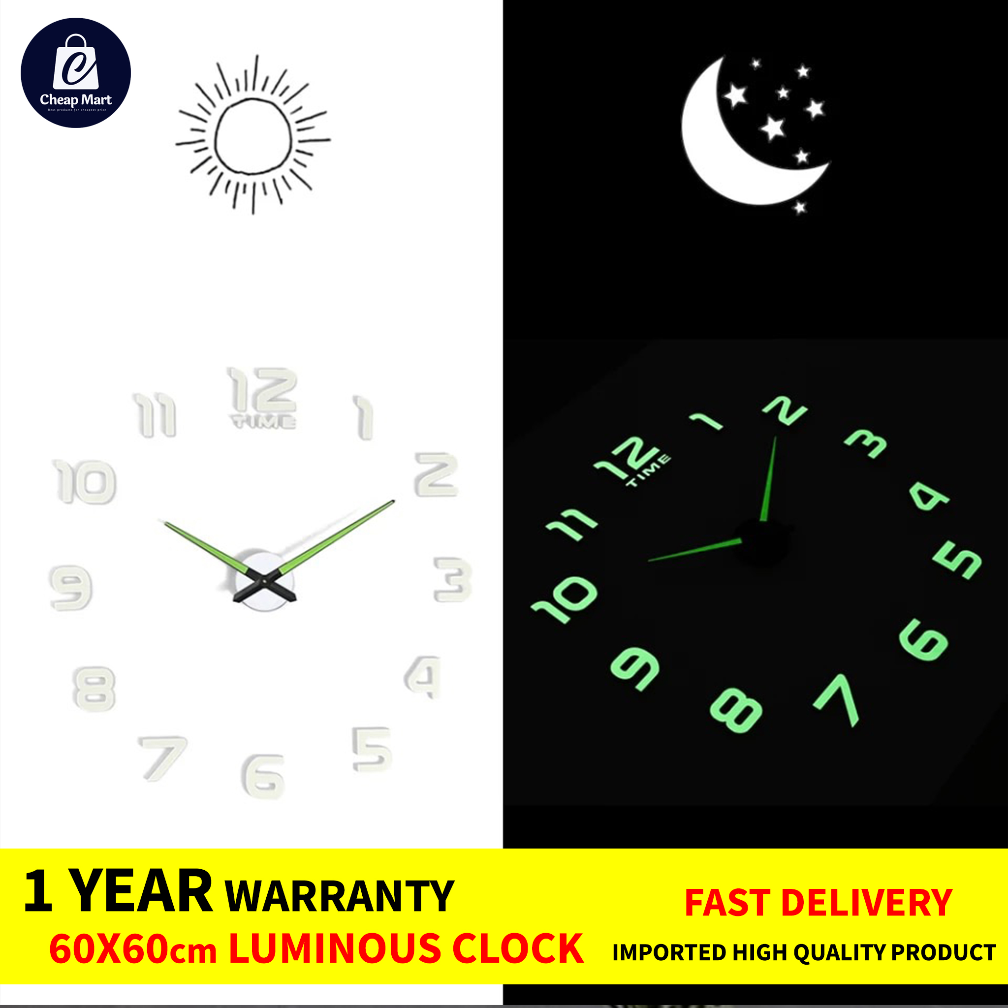 3D Wall Clock Luminous Frameless DIY Digital Clock Wall Stickers Silent ...