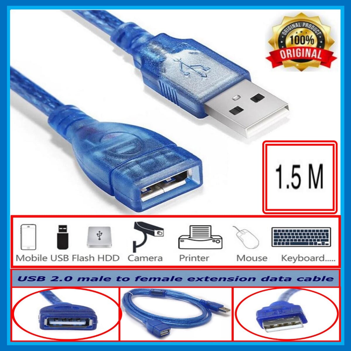 USB 2.0 Cable High Speed USB Extension Cable 2.0 Male to Female For PC ...