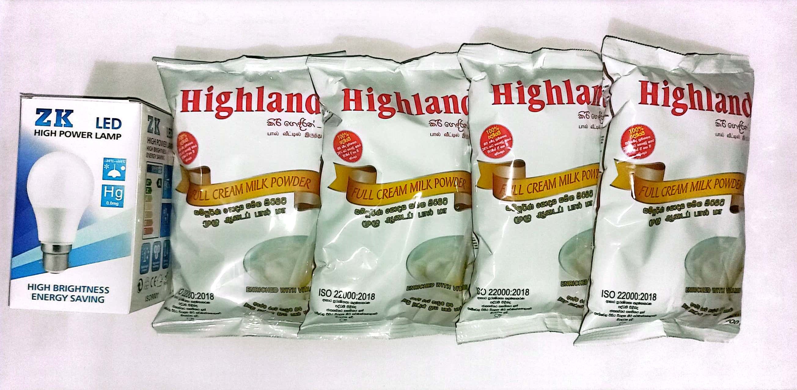 Highland full cream milk powder 400g 4 packets and 5w one high power ...