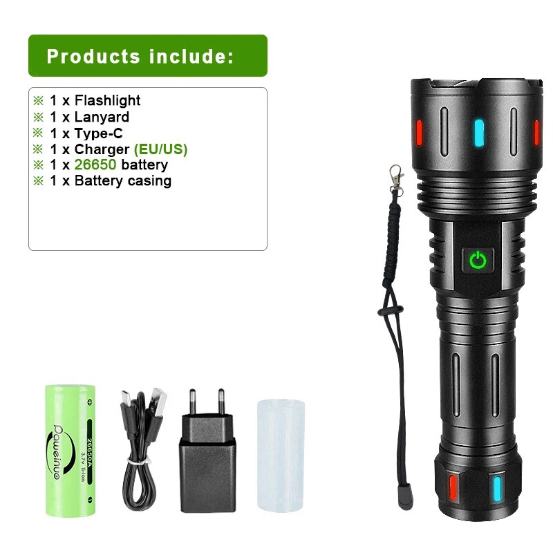 Ultra Powerful Led Flashlight 18650 Tactical Torch Type C Rechargeable ...