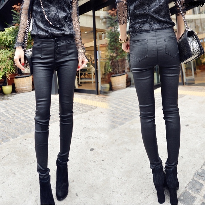 Lead Leather Pants Tight Waist Korean Style ︸ Long Pen Coated High ...