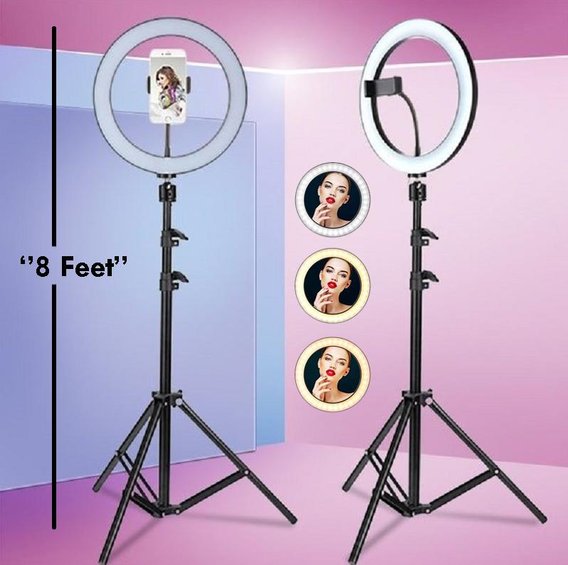 Selfi Ring Fill Light & 8 Feet Tripod 26 cm Mixed 3 Color USB Dimmable ...
