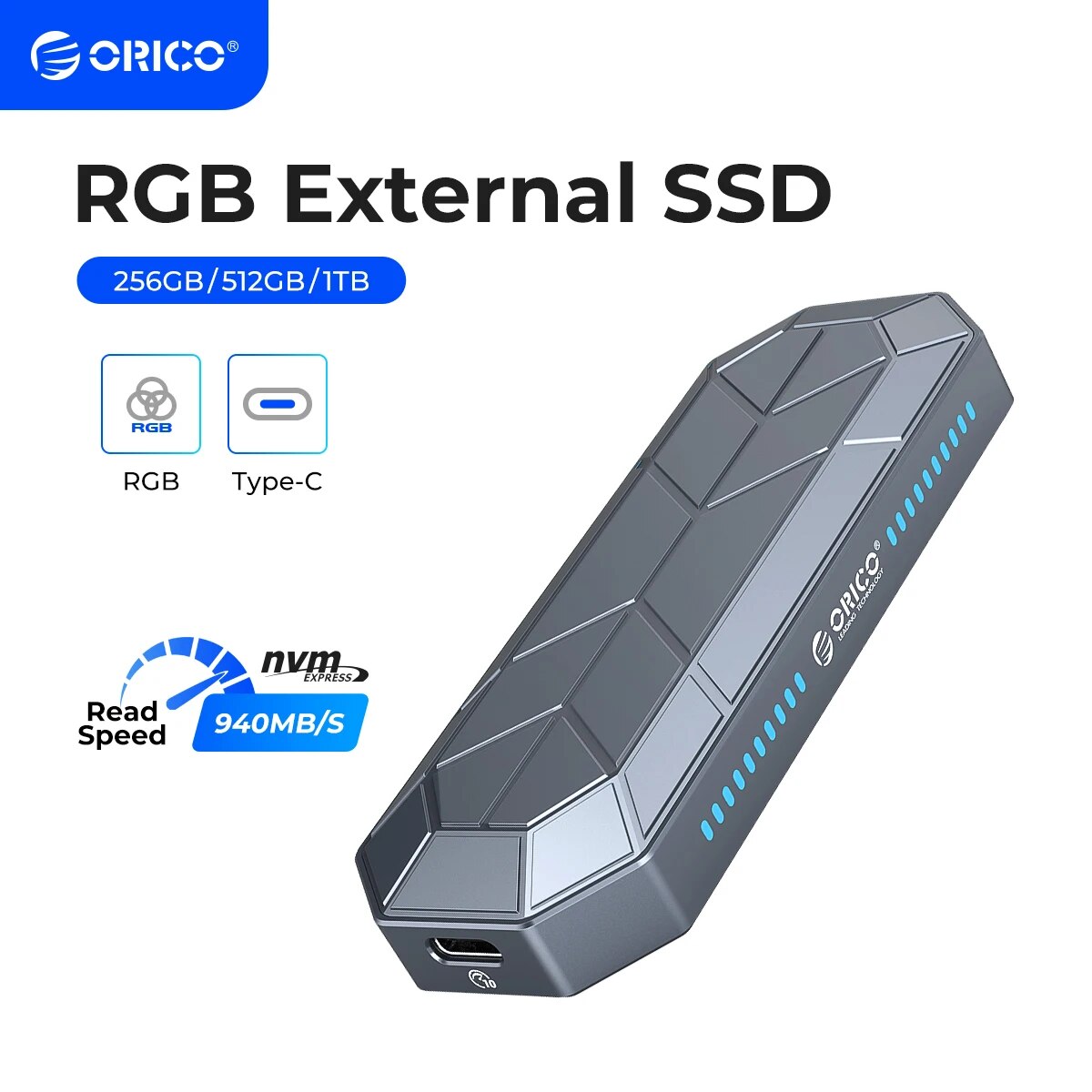 ORICO RGB External SSD 512GB External Hard drive SSD USB 3.1 Gen2 Type-C M.2 NVMe External Solid ...