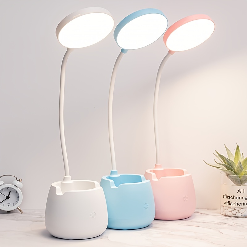 Pen Container LED Desk Lamp Rechargeable Table Lamps Convenient White/Pink/Blue Bedroom Bedside ...