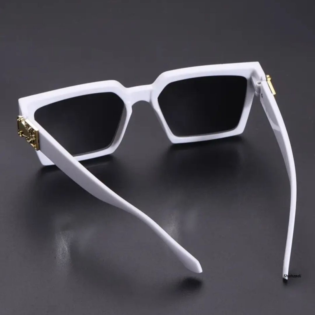 BADSHAH square sunglasses man woman white gold frame black lens elegant ...