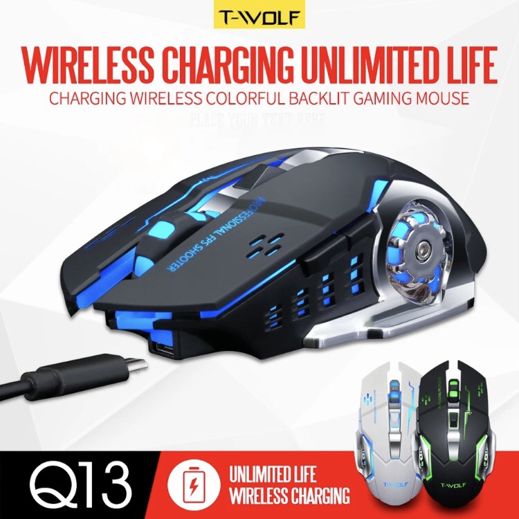T-WOLF Q13 Rechargeable Wireless Mouse Silent Ergonomic Gaming mice 6 Keys RGB Backlight 2400 ...