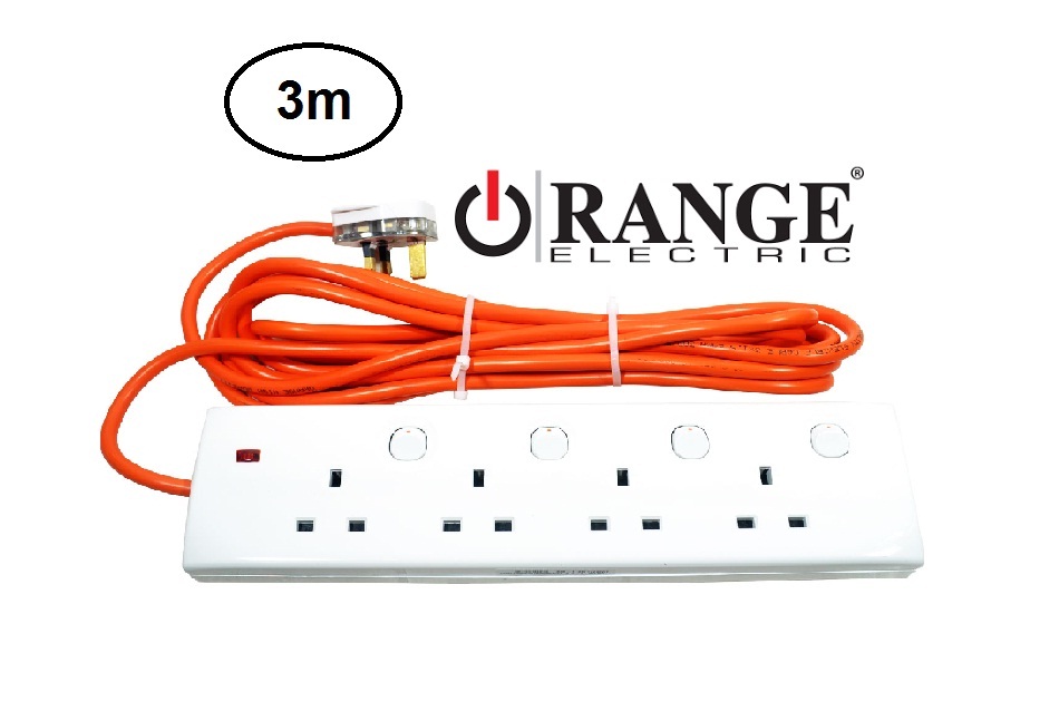 ORANGE Extension Cord - 3 Meter - Wire Cord - 13A Trailer Multi Sockes ...