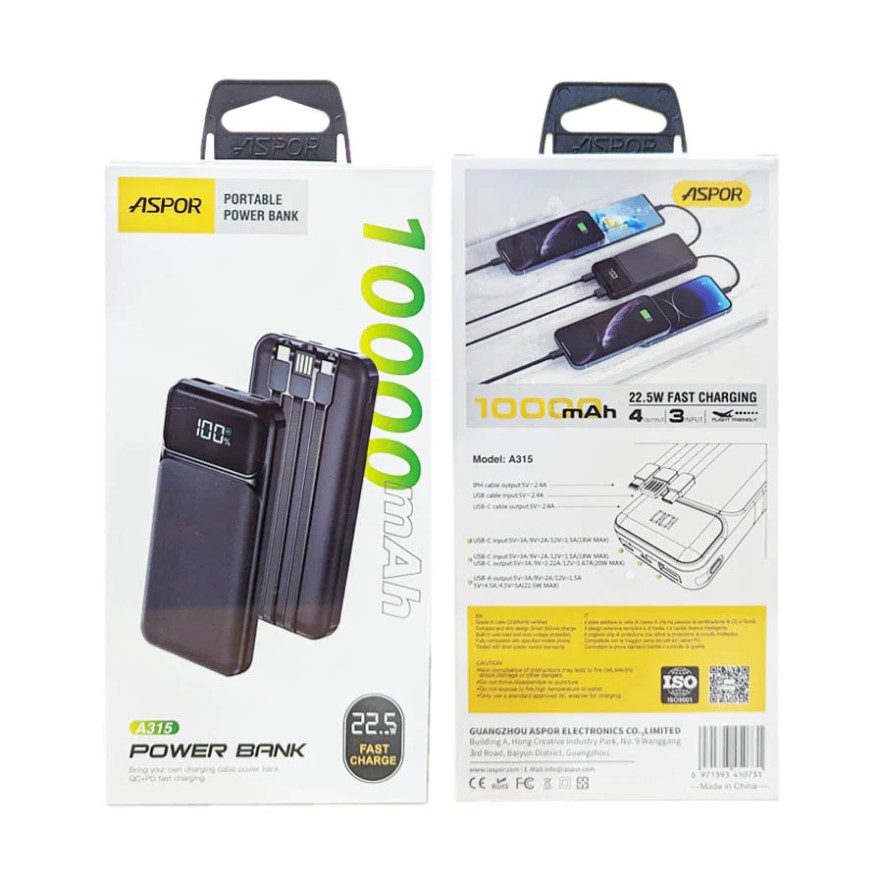 Aspor 10000mAh Power bank 22.5w Output - A315 22.5w fast charge, 3 ...