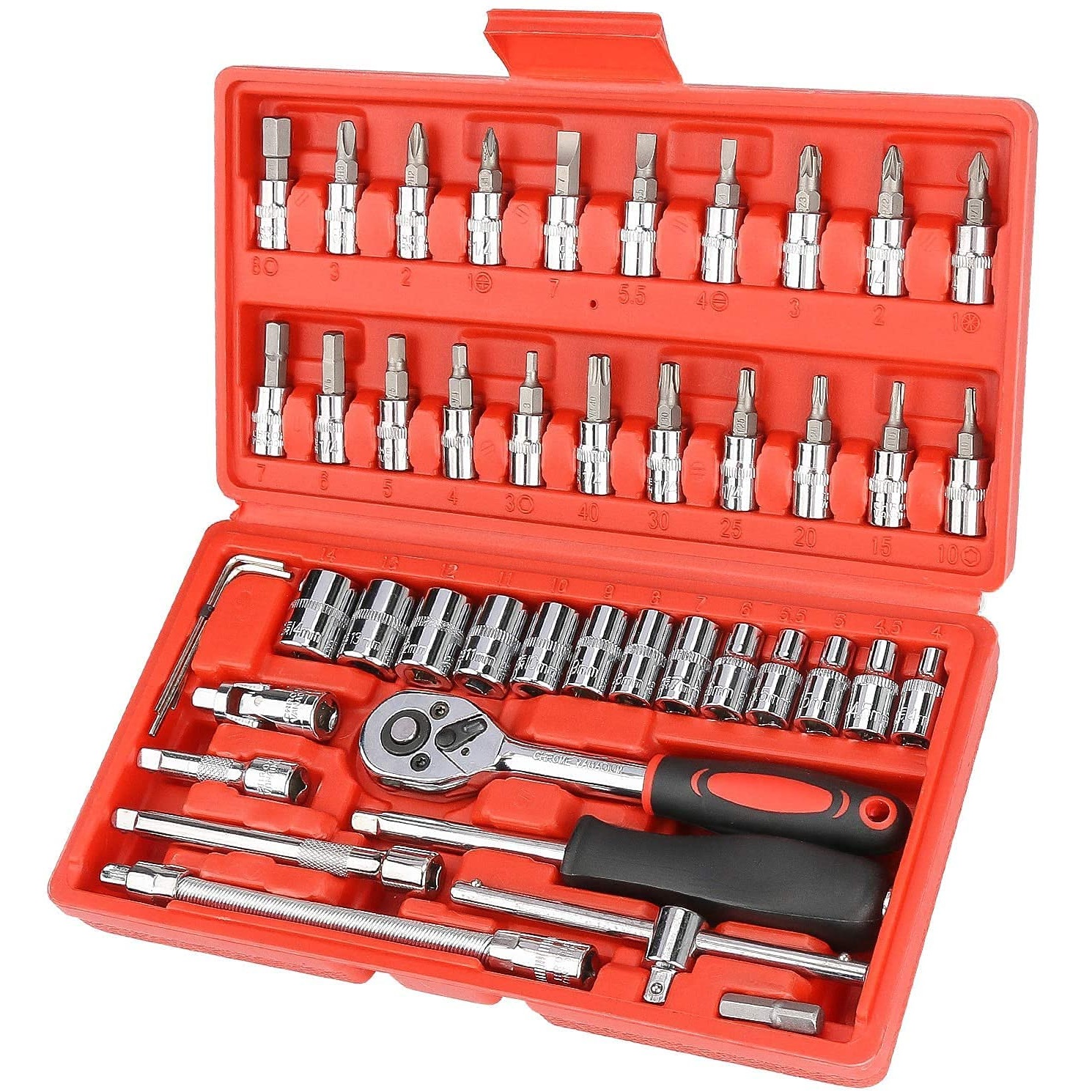 Tool Set with Ratchet Wrench, 46 pcs Hand Tool kit Long Handle Screwdriver Set For Car, Bike ...