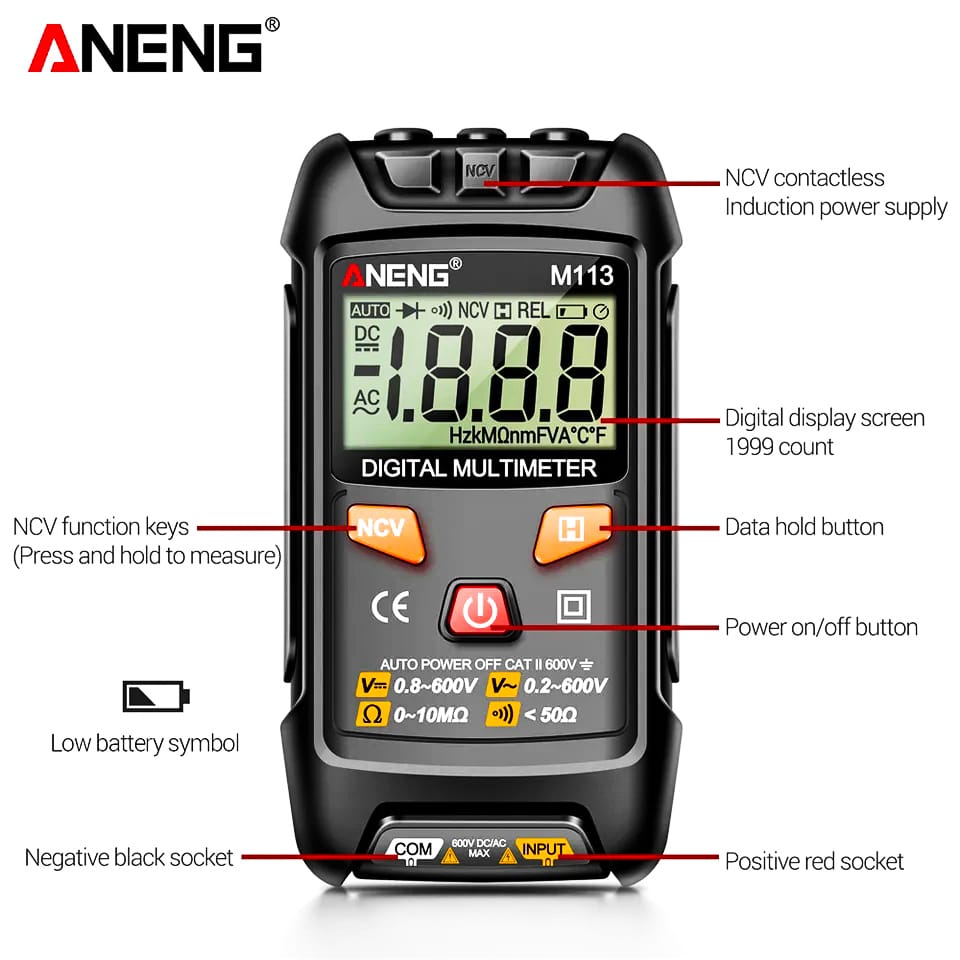 ANENG M113 Mini Digital Multimeter AC/DC Voltage Meter 1999 Counts Multimetro Ohm NCV ...