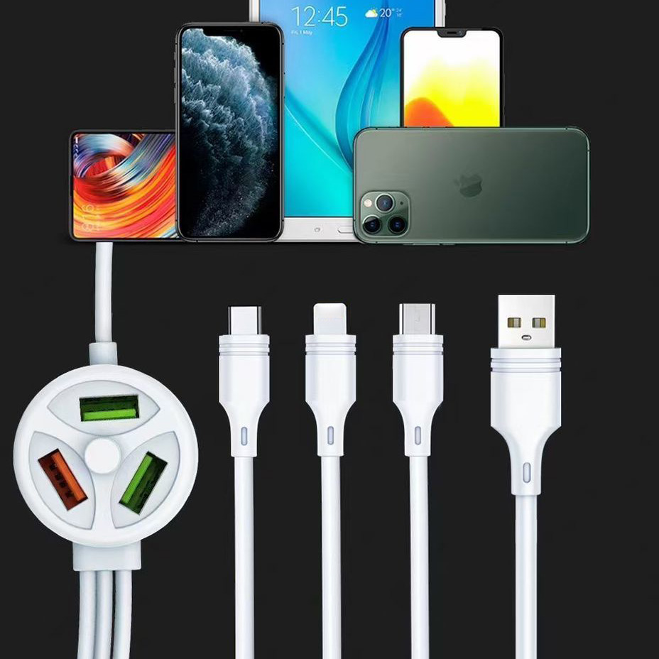 Buy 6in1 Multi Extended data cable 3A 4FT 3 Plugs & 3 USB Ports