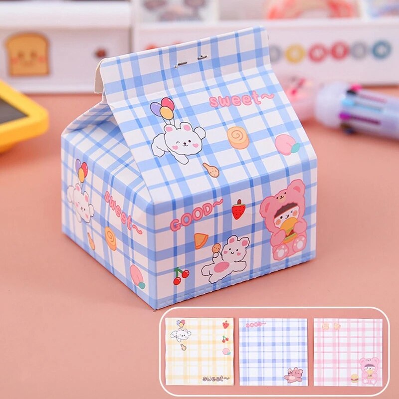 【HOT】 200 Sheets Cartoon Cute Bunny Memo Pad Sticky Notes Milk Box Memo ...