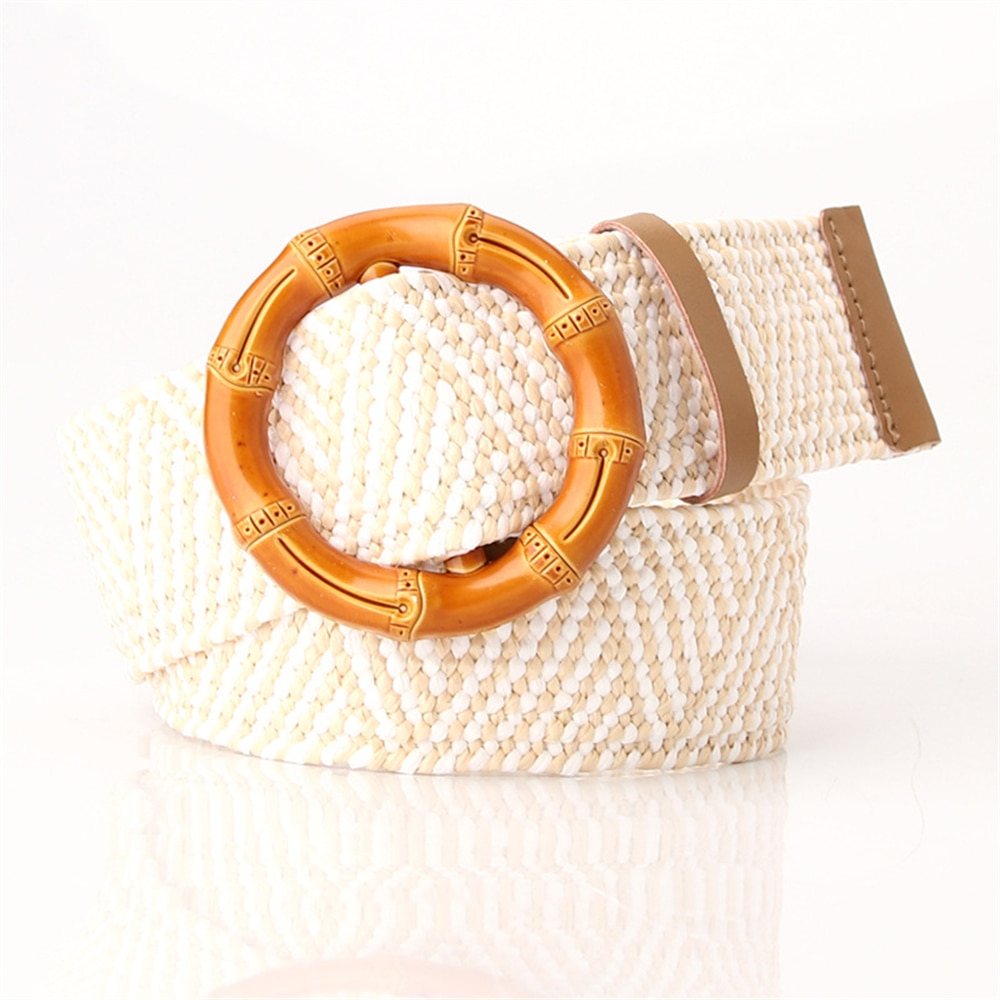 Women's grass-like woven wide simple round button belt cotton linen ...