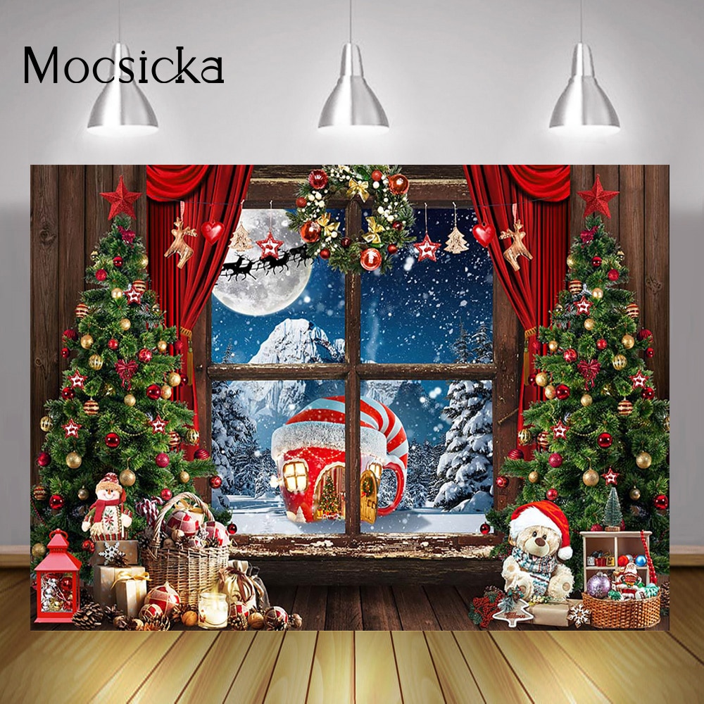 Window Backdrop Trees Gifts Scene Background Curtain Full Moon Night ...