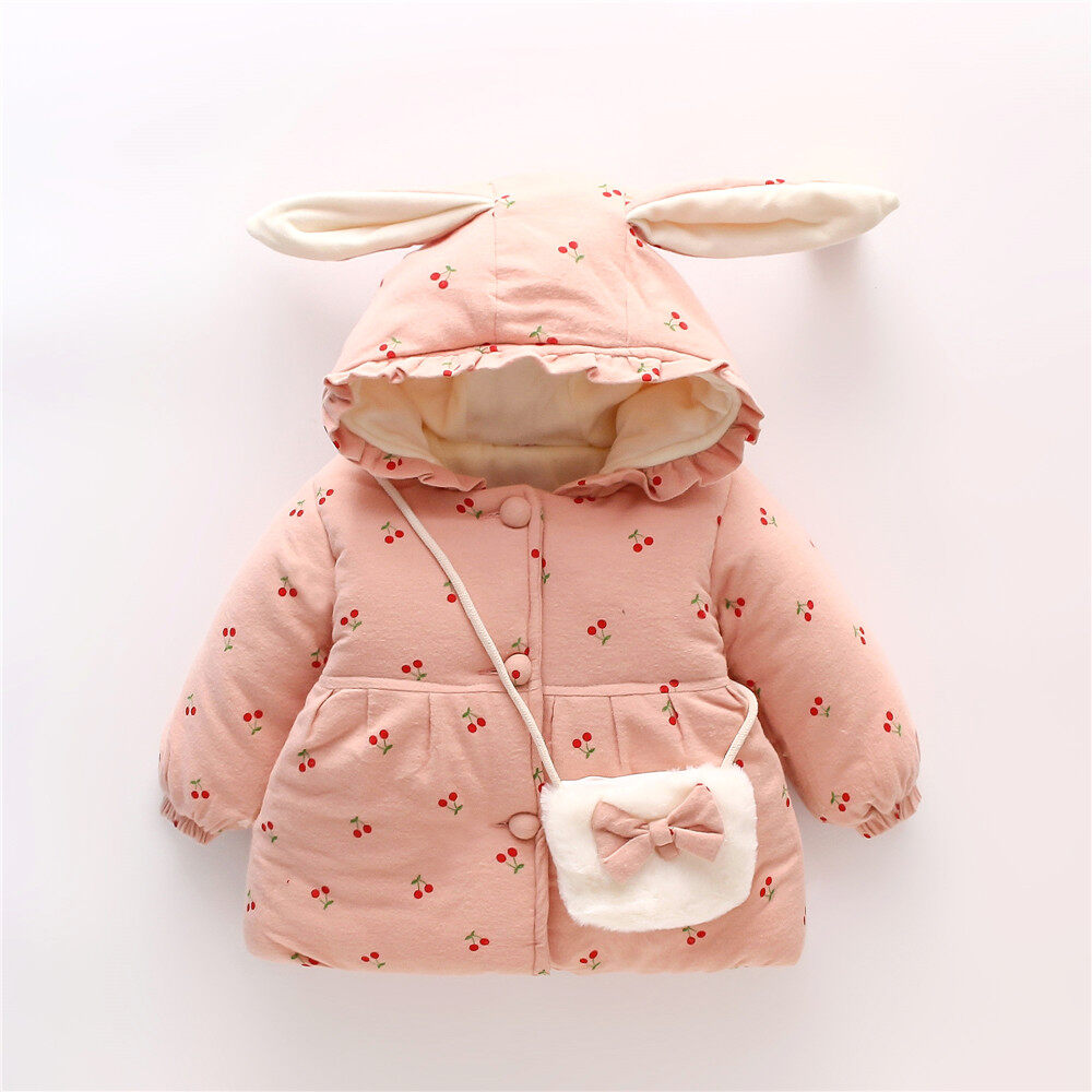 Winter New Girl Baby Long Sleeve Coat Cherry Print Rabbit Ear Hat ...