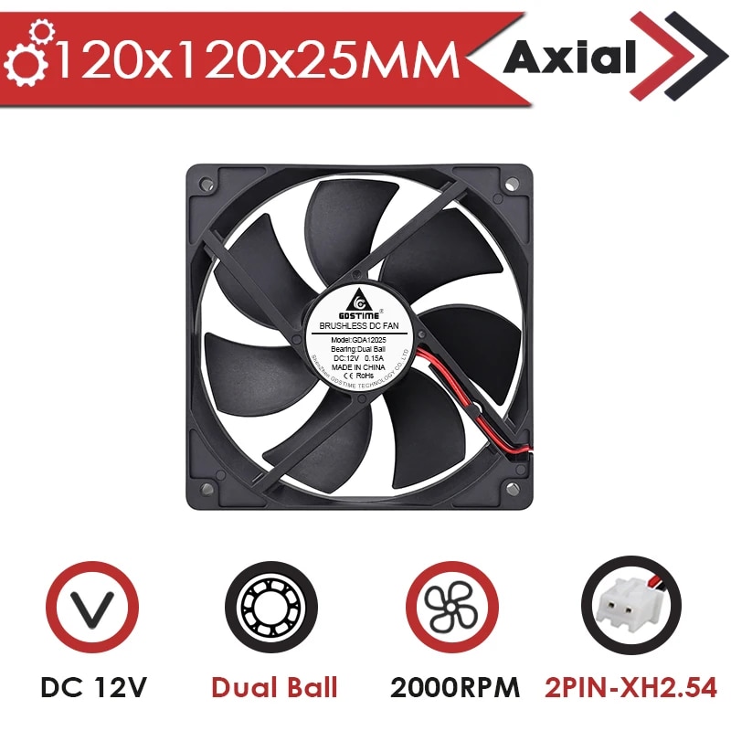 Gdstime 120x120x25mm Dual Ball Fan DC Brushless 5V 12V 24V 48V 12cm ...