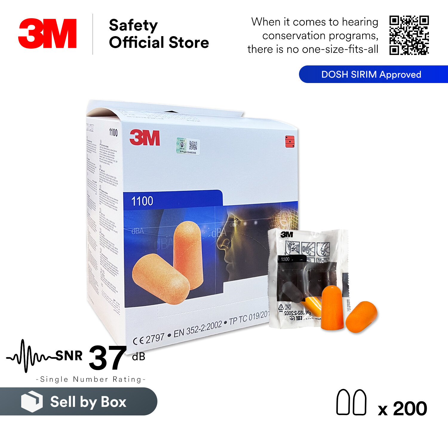 3M 1100 Soft Foam Earplugs SNR 37 dB/ DOSH SIRIM Approved/ Travel/ Sleeping/ No More Noise ...