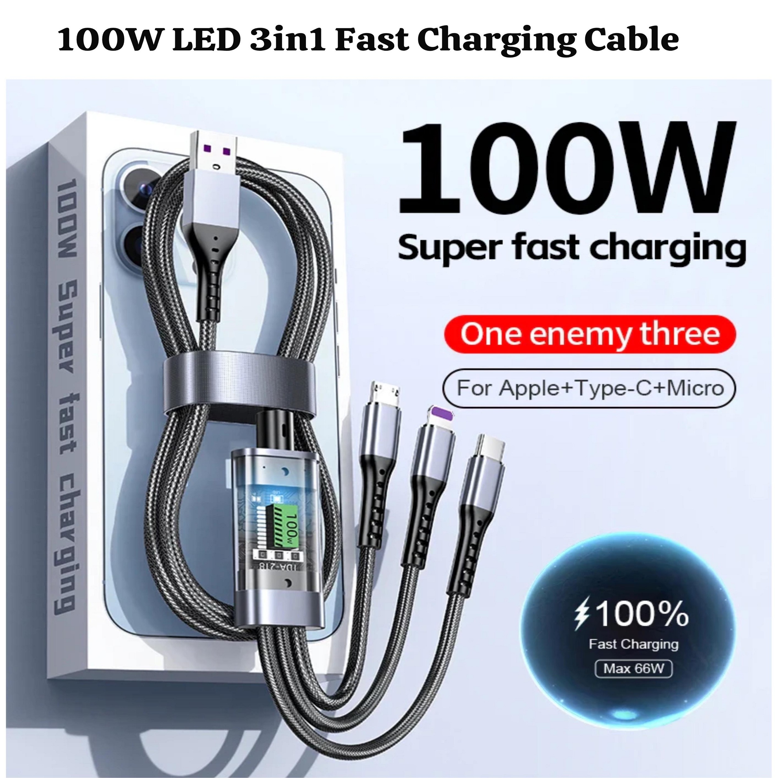 100W 3 In 1 Fast Charging Cable Nylon Universal Multi Charger Cable USB cable Type C Usb Micro ...