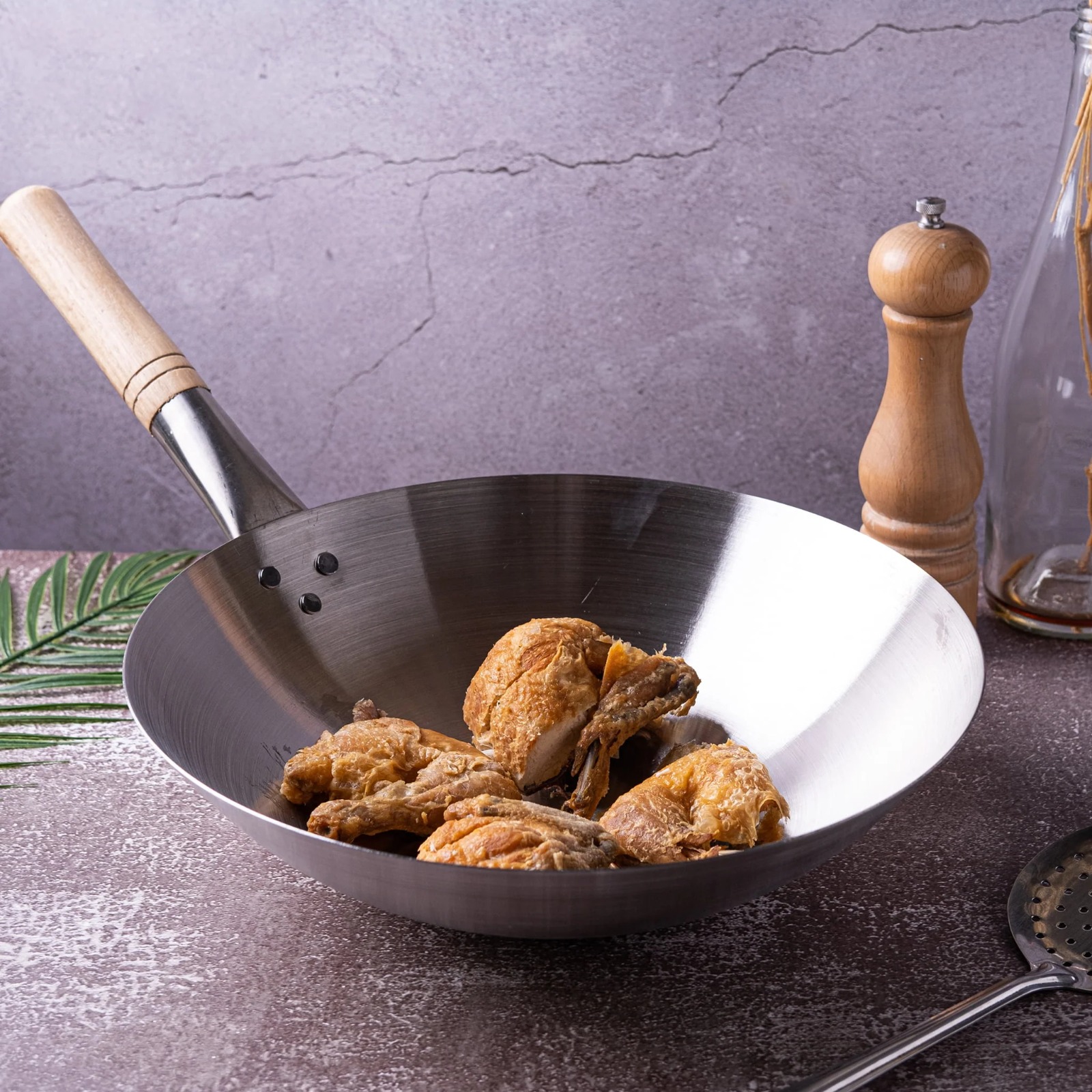 Stainless Steel Wok Pan Fry Pans with Wooden Handle, Round Bottom 30CM ...