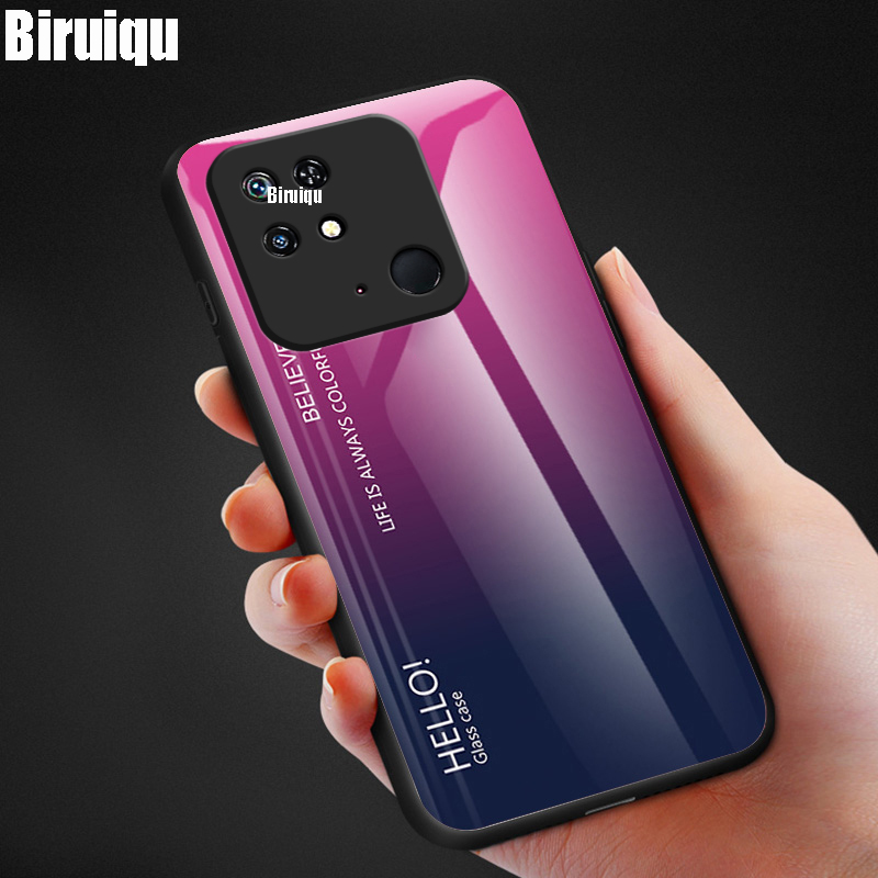 Biruiqu For Redmi 10C Shockproof Gradient Tempered Glass Back Soft ...