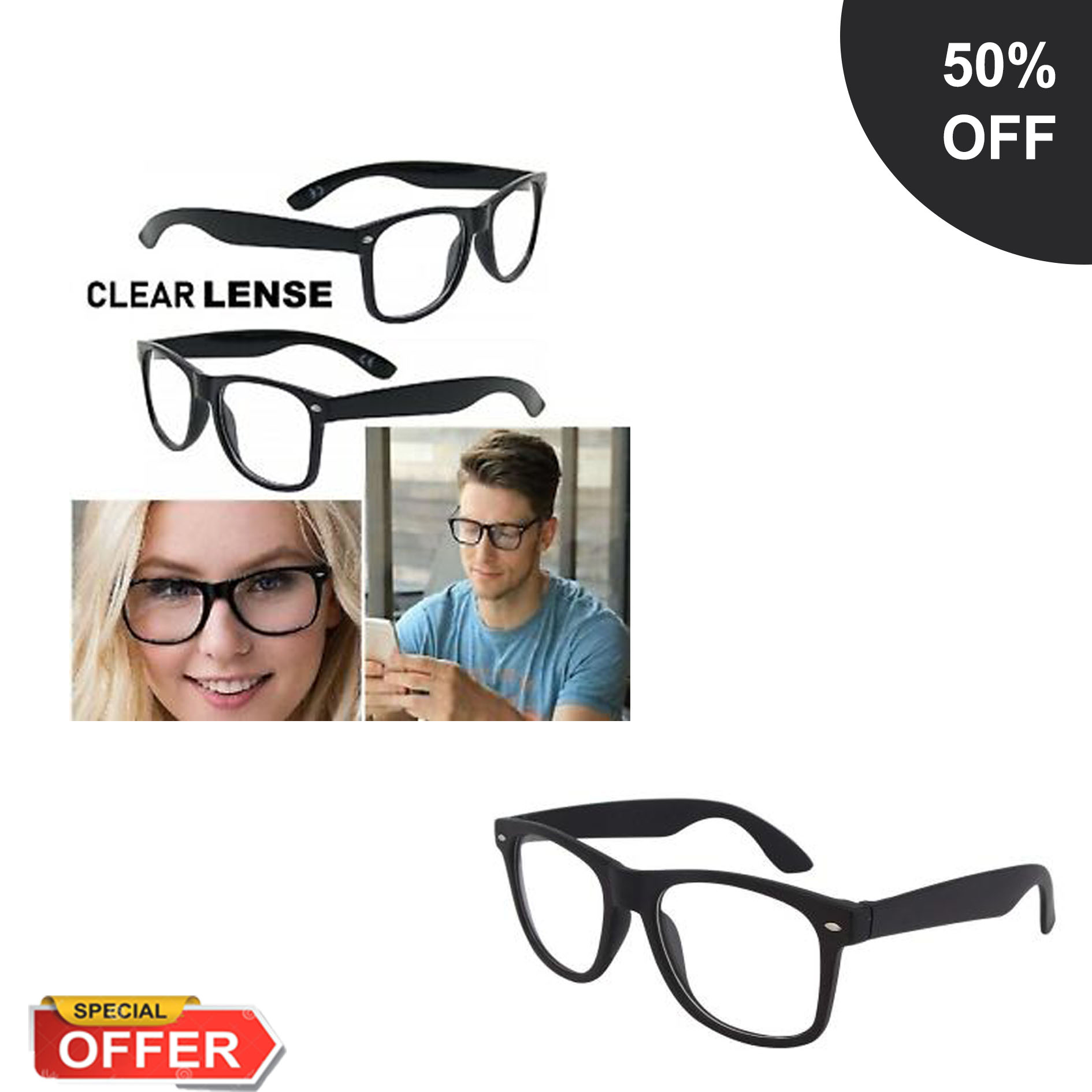 Fashion Unisex Eye Protection Clear Lens Eye Wear Nurd Shine Black ...