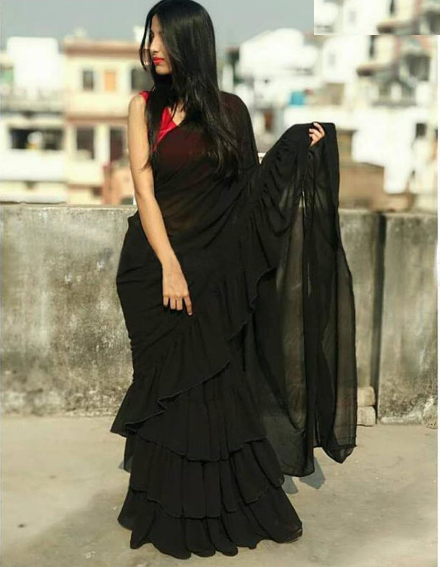 Black Party Style Ruffled Saree Saree 5182SR02