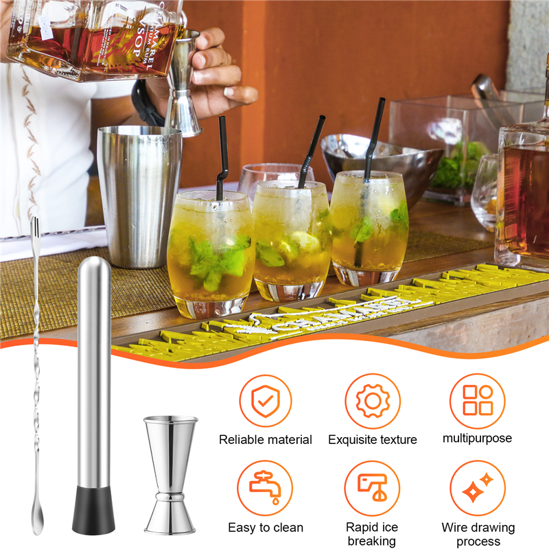 Stainless Steel Muddler for Cocktails,Mixing Spoon and Measuring Jigger ...