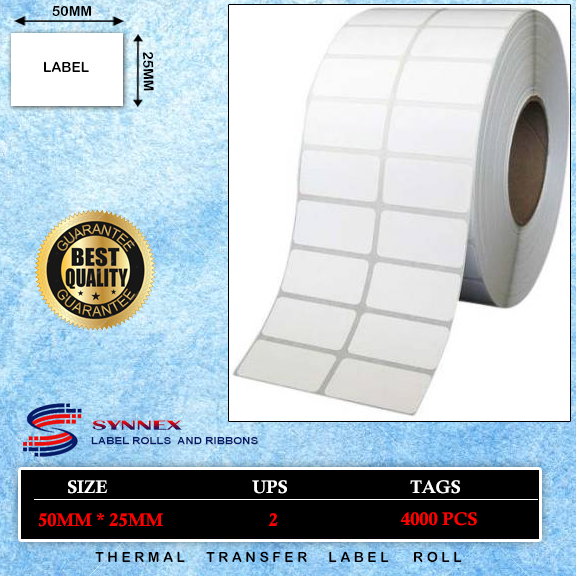 50MM X 25MM -Thermal Transfer Barcode Label Roll, 1 Core, 2 Ups, 4000 ...