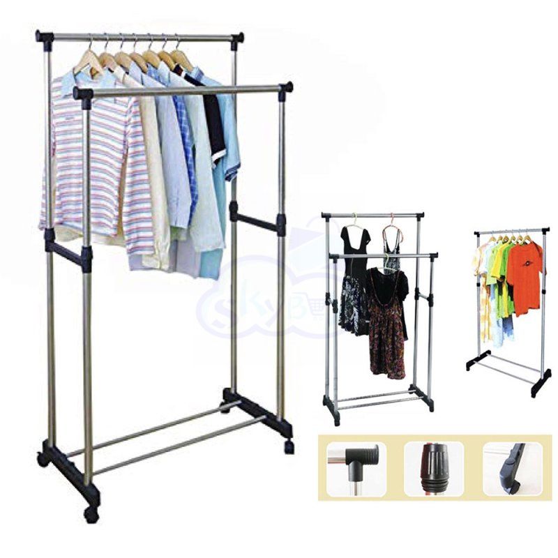 Double Pole Clothes Rack - Silver Double Pole Telescopic Clothes Hanger ...