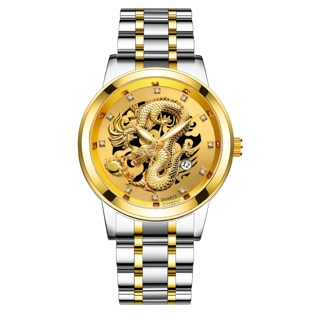 EB 1Pc Men Fashion 3D Gold Dragon Calendar Watch Set Men Quartz ...