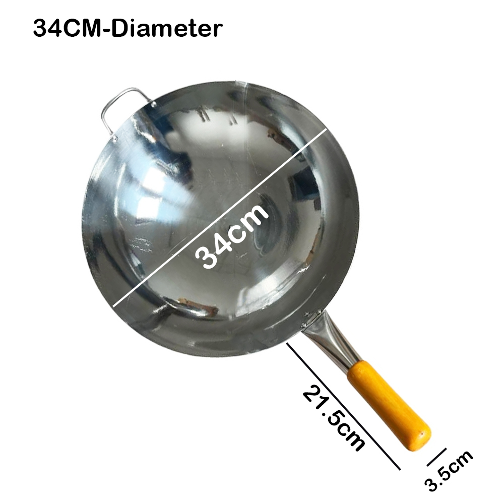 Stainless Steel Wok Pan Fry Pans with Wooden Handle, Round Bottom 32CM ...