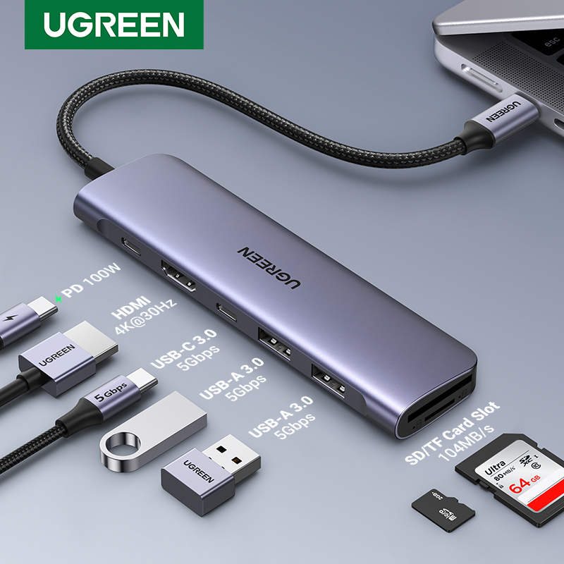 UGREEN USB C Hub 7-in-1, 5 Gbps USB-C Hub with 4K HDMI, 100W Power Delivery, USB-C and 2 USB-A ...