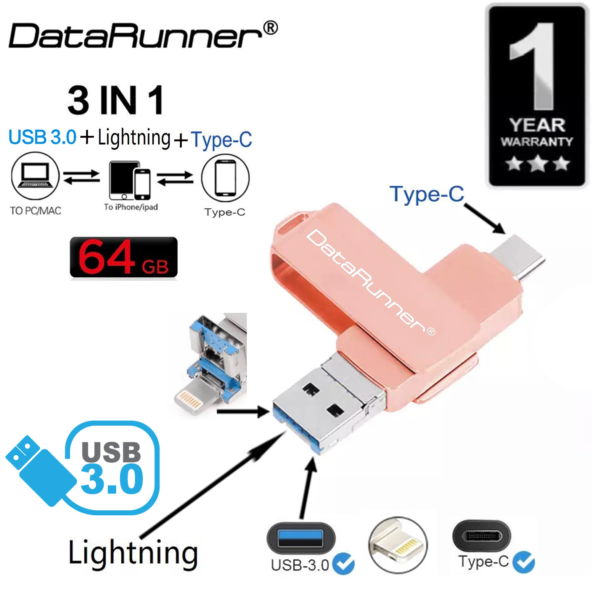 DataRunner OTG Drive 3 IN 1 USB A 3.0 Lightning Type C 64GB USB Pen ...
